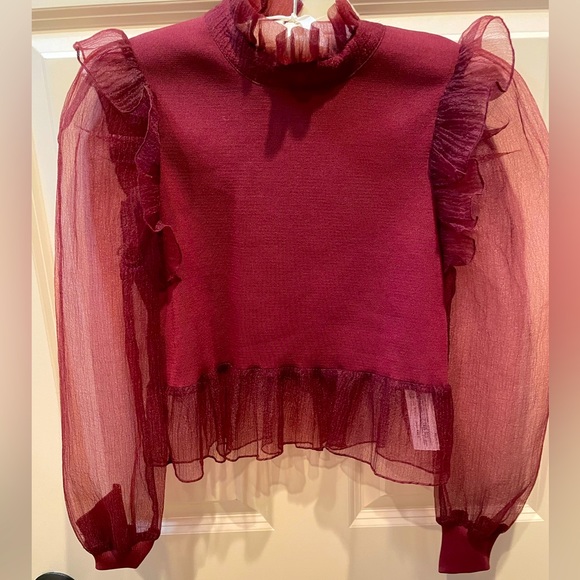 Zara | Tops | Zara Burgundy Ruffled Top Knit With Mesh Ls Nwt Small ...